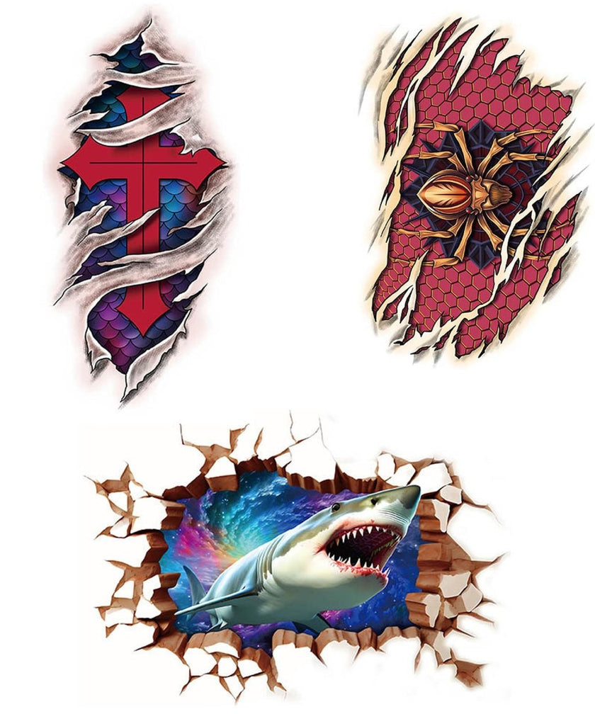 3 pcs Temporary Tattoo, Red Cross, Spider, 3D Shark Body Tattoos Half ...