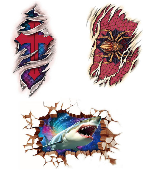3 pcs Temporary Tattoo, Red Cross, Spider, 3D Shark Body Tattoos Half ...